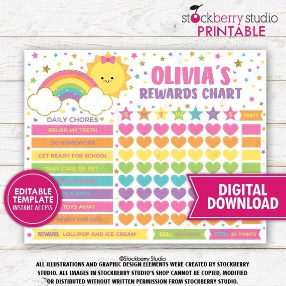 Rainbow Reward Chart Editable Sun Girls Chore Chart Sunshine Daily ...