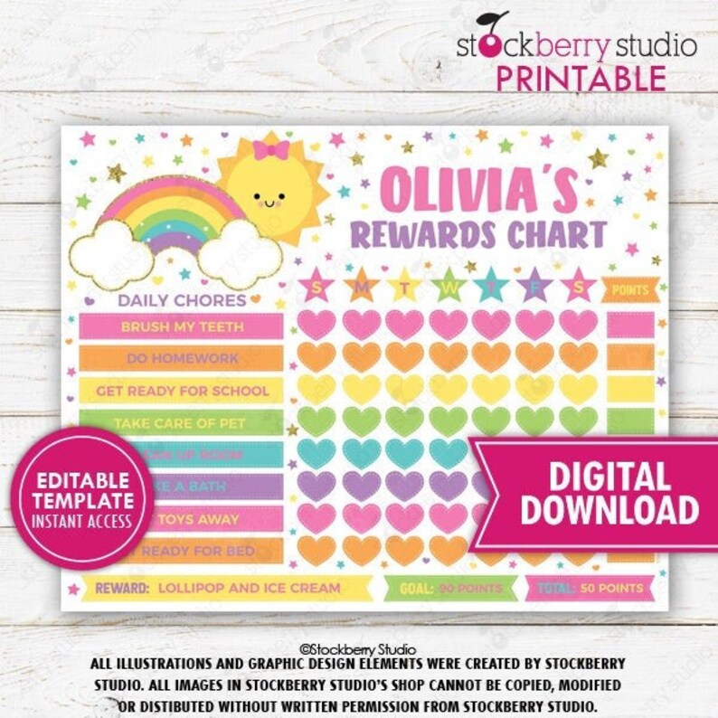 Rainbow Reward Chart Editable Sun Girls Chore Chart Sunshine - Etsy