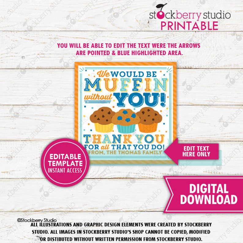 Muffin Gift Tag Printable Muffin Thank You Teacher - Etsy