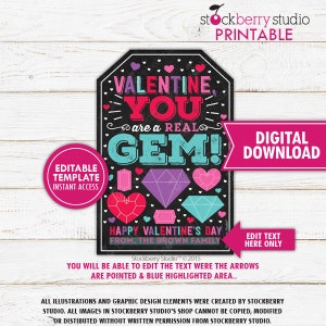 Gem Valentine Tag You're a Real Gem Valentine's Day Pop Tag Printable ...