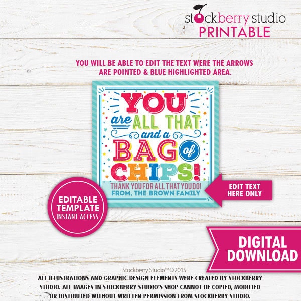Chips Gift Tag Printable Bag of Chip Tags You Are All That and a Bag of ...