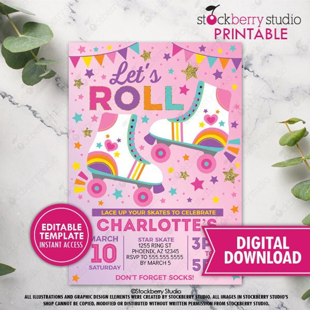 Roller Skating Invitation Printable Disco Dance Party Skating Birthday ...