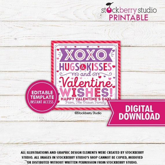 Valentine's Gift Tag Hugs and Kisses Valentine Candy Card Label Kids ...