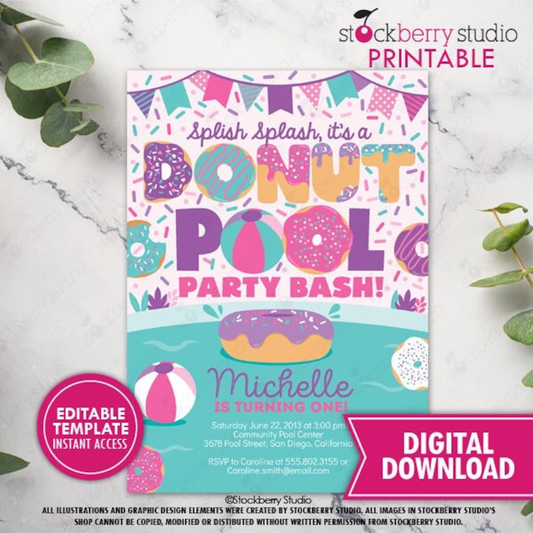 Donut Pool Party Invitation Printable Girl Summer Birthday Invite ...