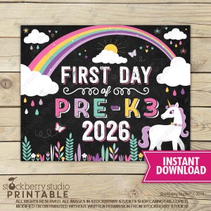 Unicorn First Day of Pre K3 Sign Rainbow 1st Day of School Printable ...