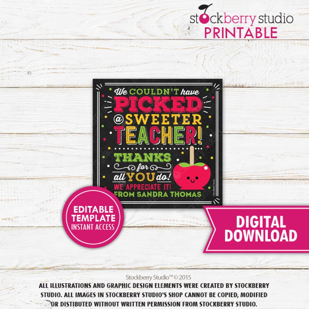 Teacher Gift Tag Fall Thank You Candy Apple Staff School PTO PTA ...