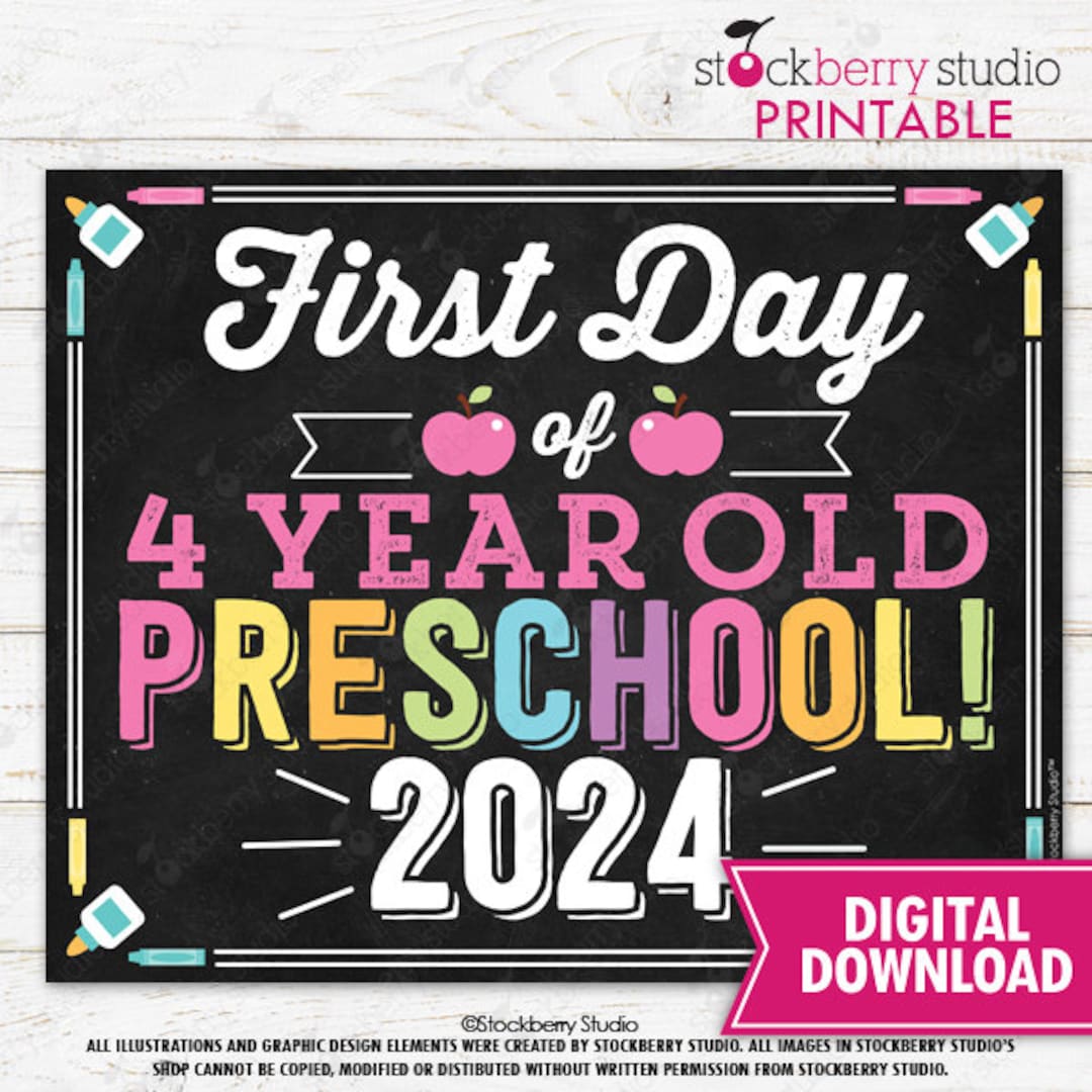 Girl First Day of 4 Year Old Preschool Sign 1st Day of School Printable ...