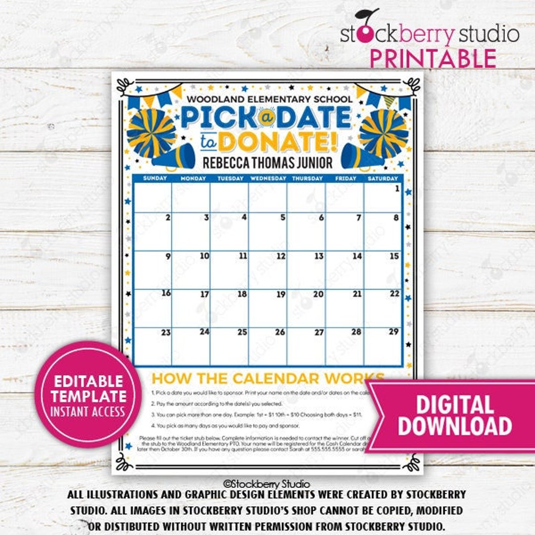 Cheerleader Pick a Date to Donate Calendar Flyer Printable Cheer ...