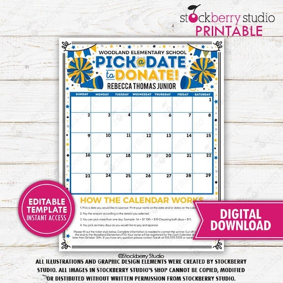 Cheerleader Pick a Date to Donate Calendar Flyer Printable Cheer ...