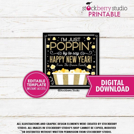 New Years Popcorn Gift Tag Printable Poppin By Happy New Year Editable ...