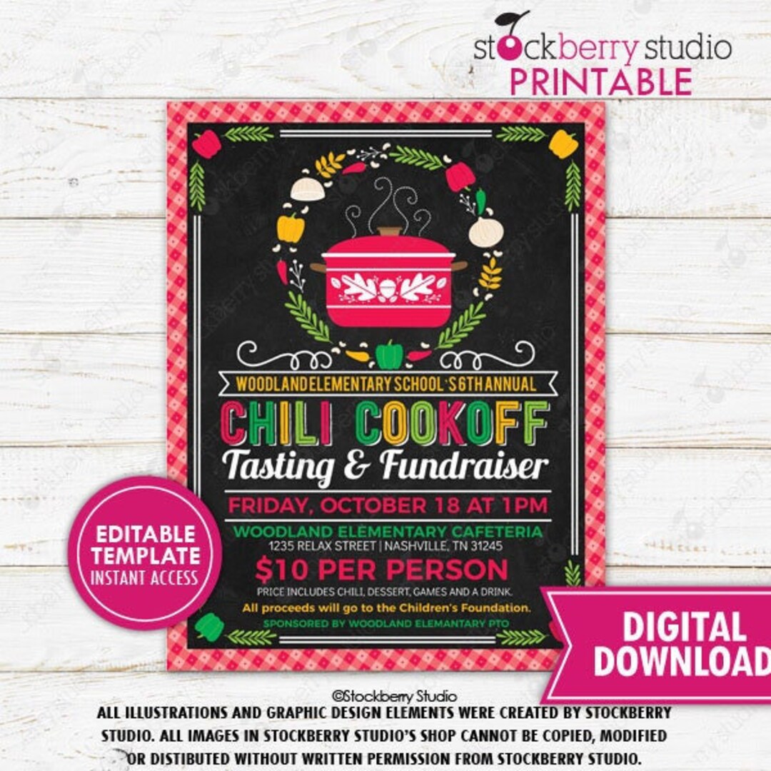 Chili Cookoff Fundraiser Flyer Contest Gumbo Soup Dinner School PTO PTA ...