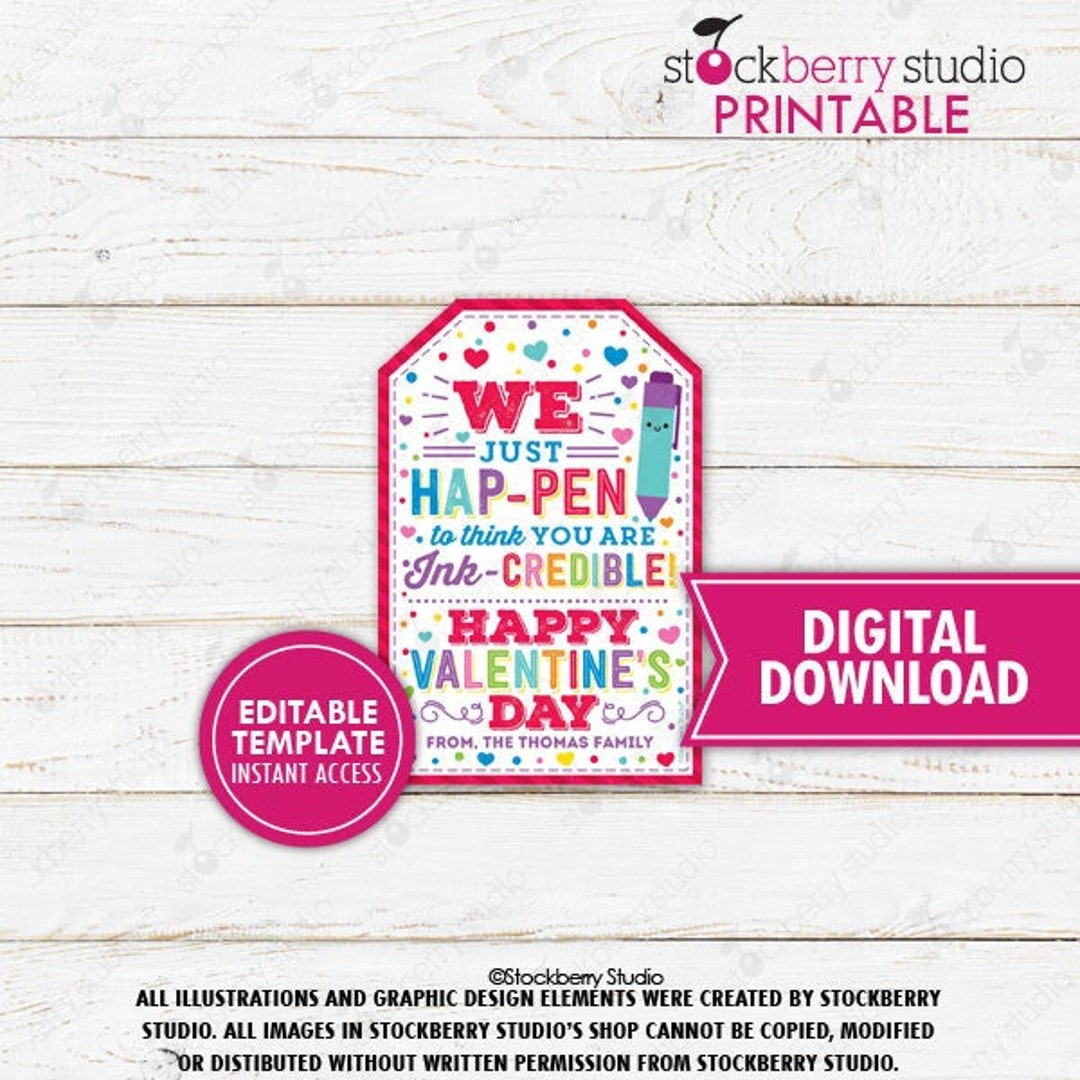 Valentine's Day Ink Pen Gift Tag Printable Editable Hap-pen Ink ...