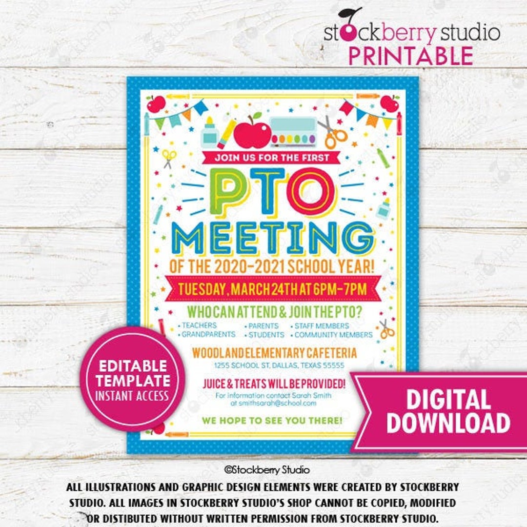 PTO PTA Meeting Informational Flyer School Fundraiser Event Volunteer ...