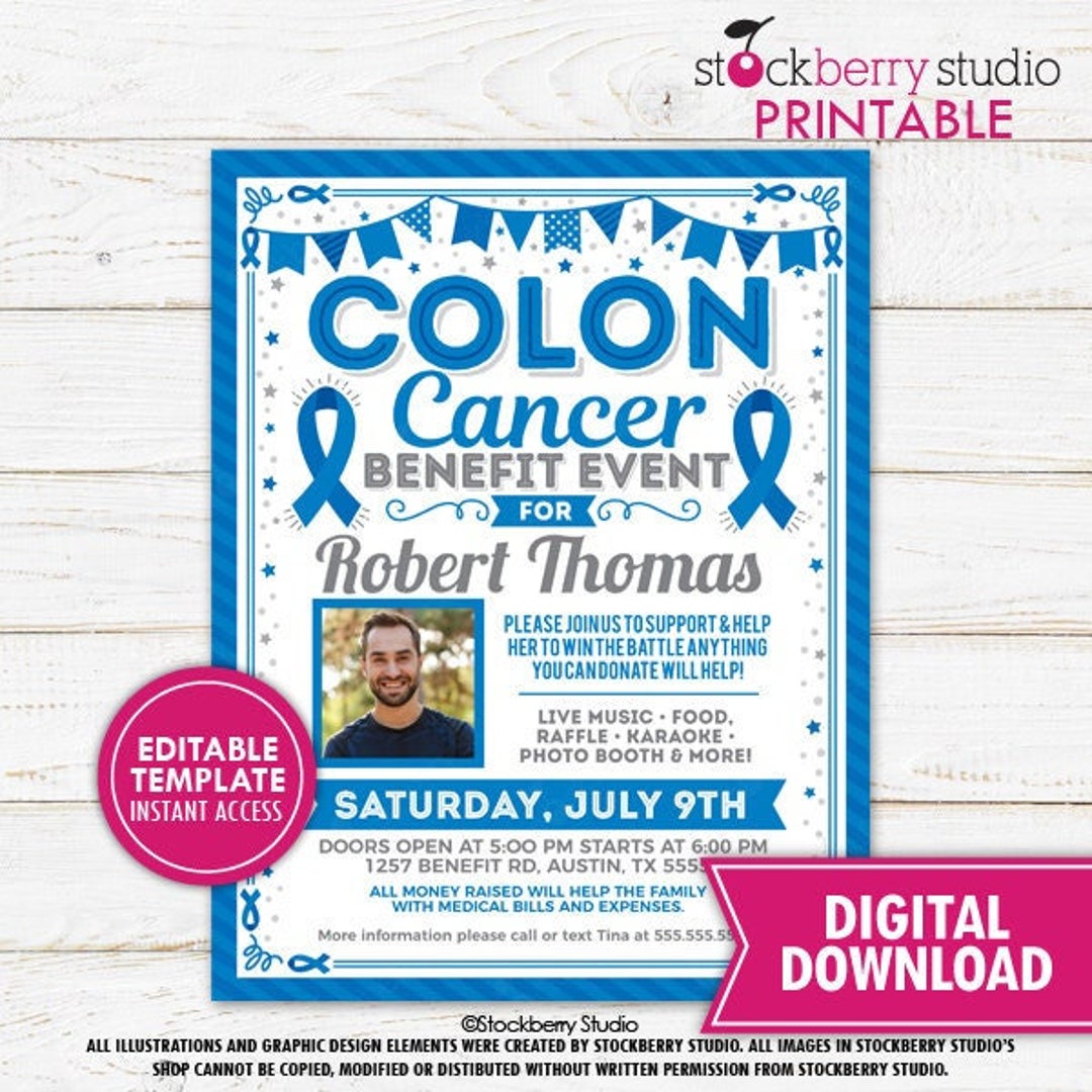 Colon Cancer Benefit Fundraiser Flyer Printable Colorectal Cancer Blue ...
