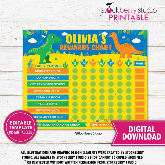 Dinosaur Reward Chart Editable Boy Chore Chart Daily Responsibility ...