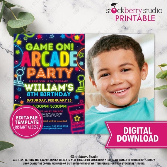 Glow Arcade Birthday Party Photo Invitation Printable Boy Neon Video ...