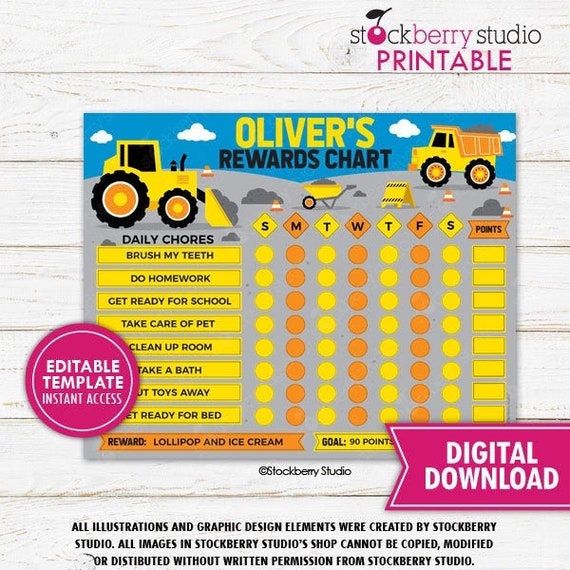 Construction Truck Reward Chart Editable Boy Chore Chart Daily ...