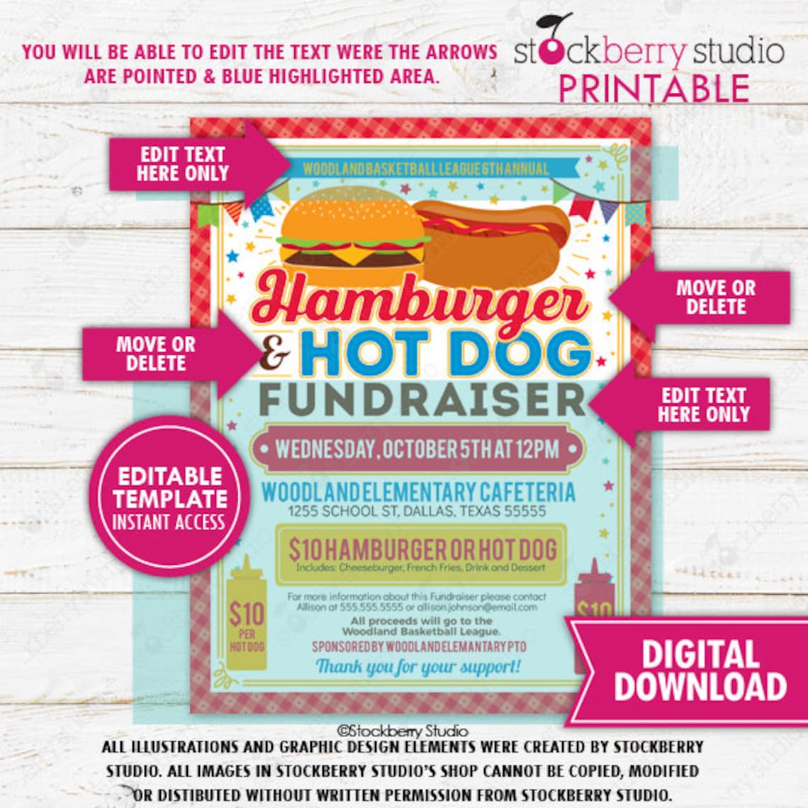 Hamburger Hot Dog Fundraiser Flyer Printable Template BBQ Benefit ...