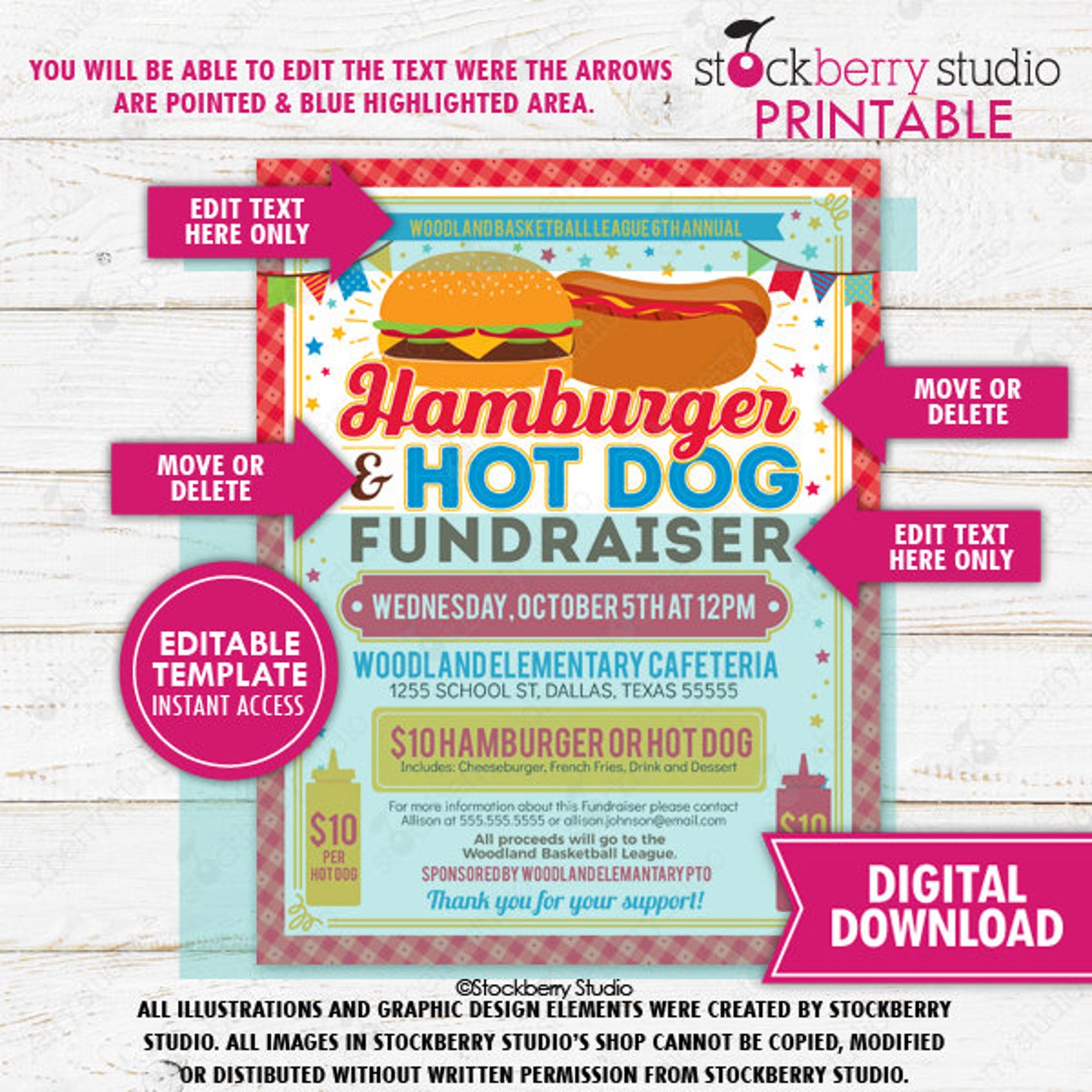 Hamburger Hot Dog Fundraiser Flyer Printable Template BBQ Benefit ...