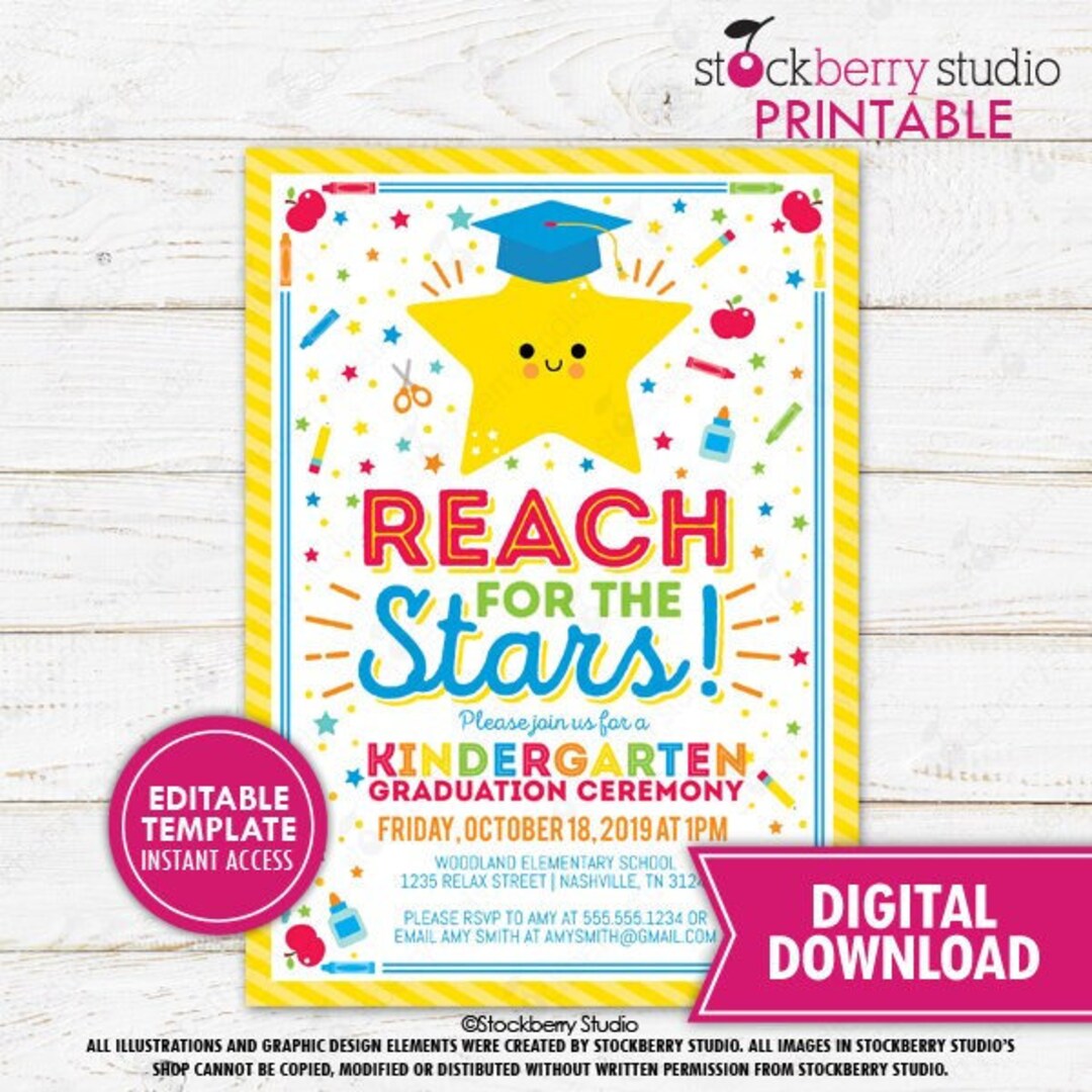 Reach for the Stars Kindergarten Graduation Invitation Preschool Pre K ...