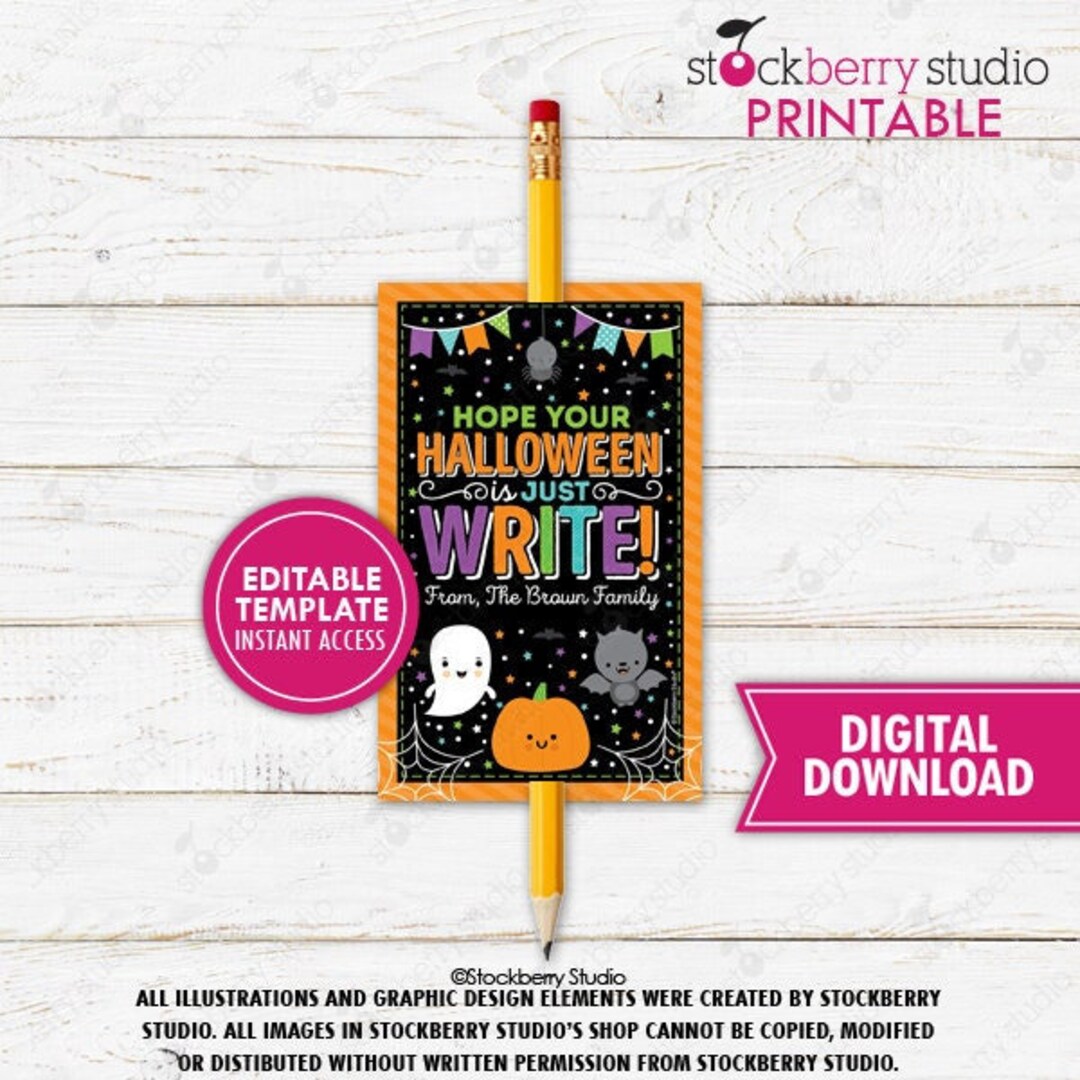 Halloween Pencil Gift Tag Ink Pen Card Printable Preschool Class Party ...