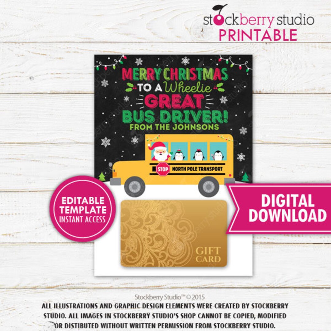Christmas Bus Driver Gift Card Holder Printable Wheelie Great School ...
