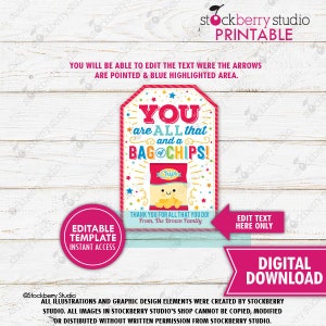 Chips Gift Tag You Are All That and a Bag of Chips Tag Teacher ...