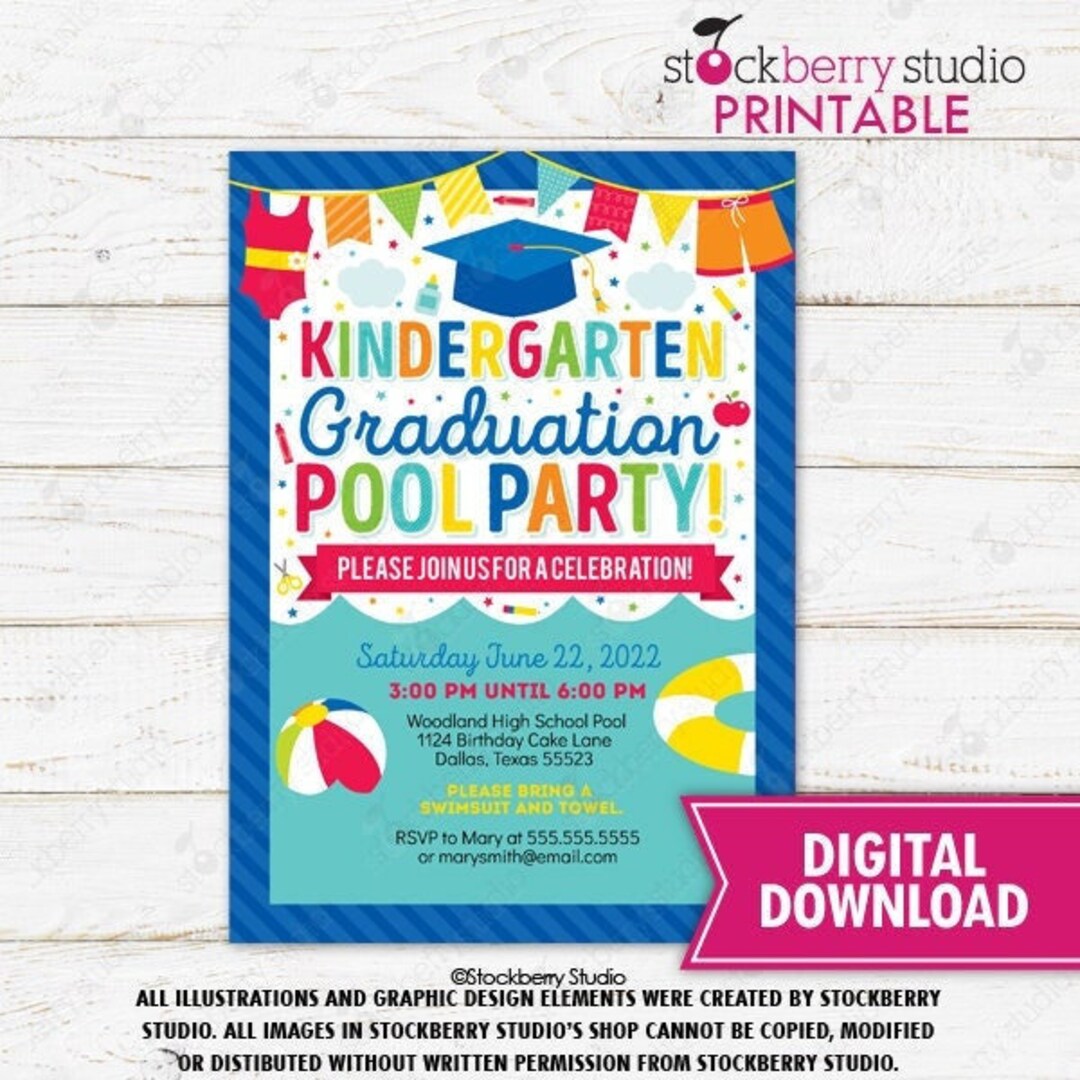 Kindergarten Graduation Pool Party Invitation Pre K Preschool ...