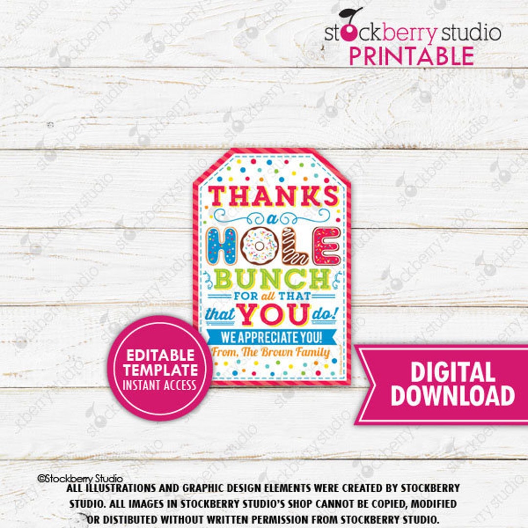 Donut Gift Tag Thanks A Hole Bunch Donut Thank You Tags Teacher ...