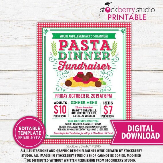 Pasta Fundraiser Dinner Flyer Printable Template Spaghetti Fundraiser ...