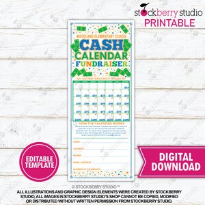 Cash Calendar Fundraiser Flyer Printable Handout Sheet Take Home School ...