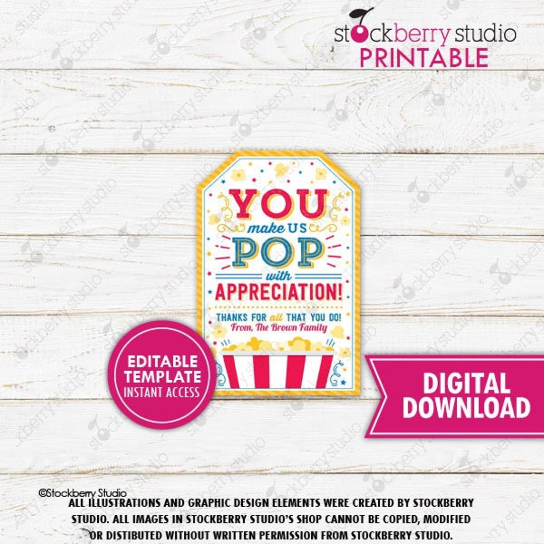 Popcorn Gift Tag Teacher Appreciation Week Gift Staff Volunteer ...