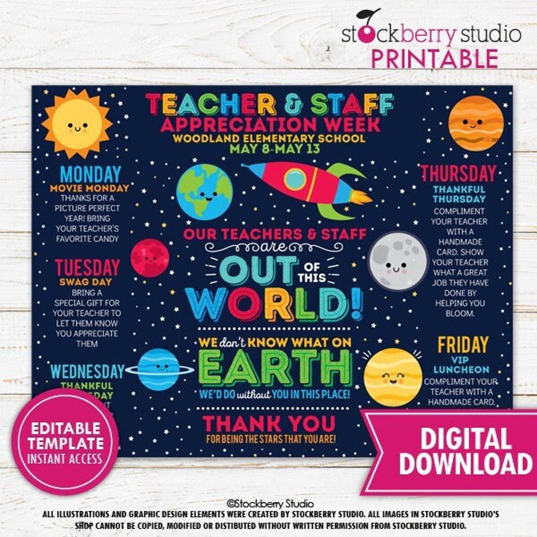 Space Theme Teacher Staff Appreciation Week Schedule Itinerary Flyer ...
