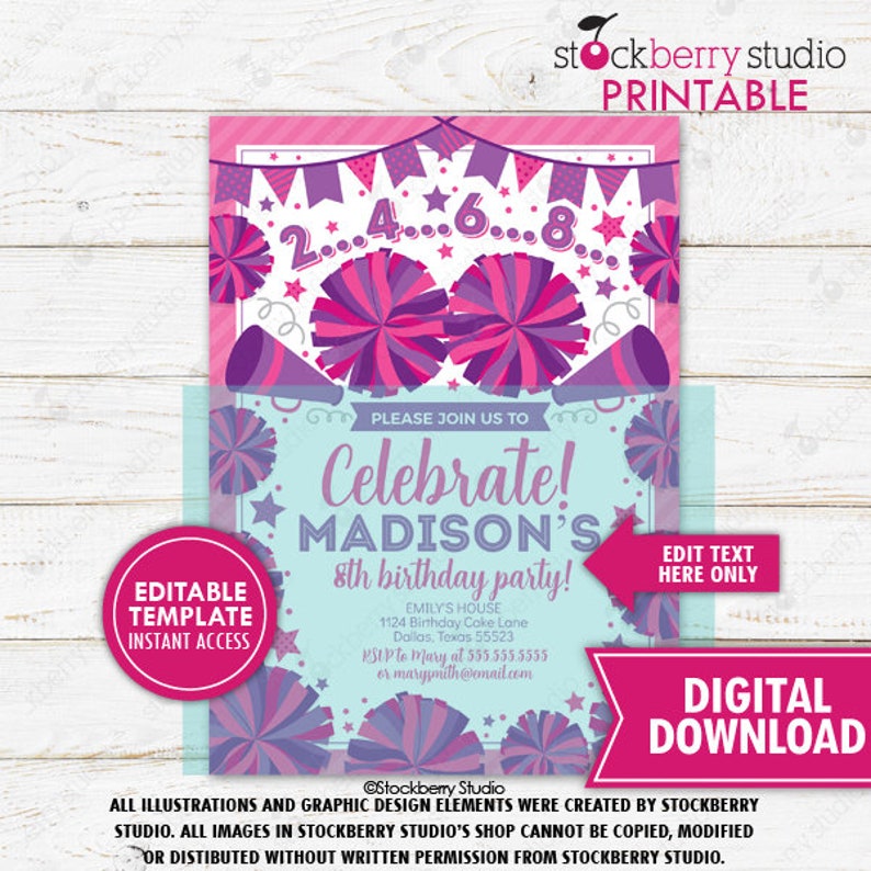 Cheerleader Invitation Printable Girl Cheer Birthday Invite - Etsy