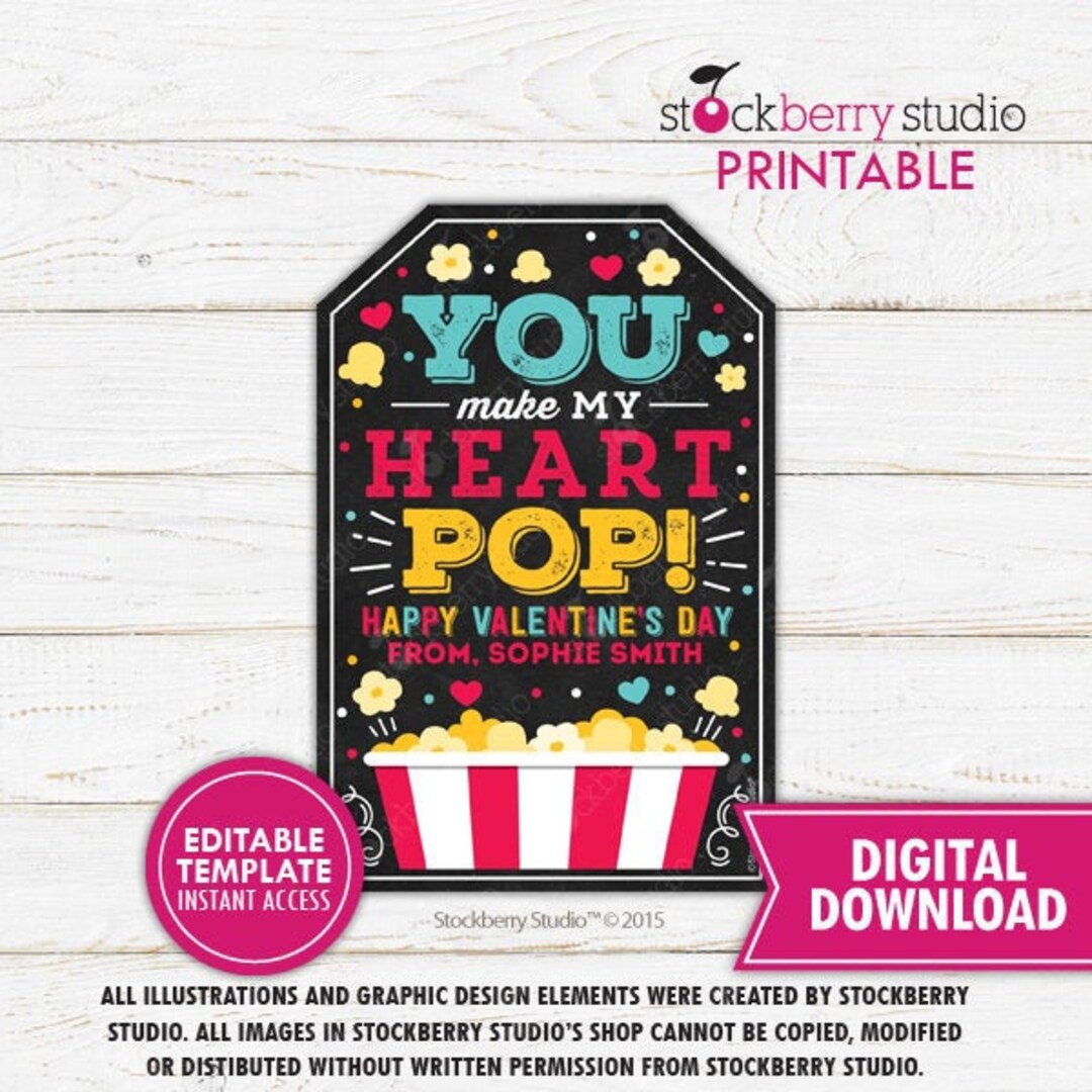 Popcorn Valentines Day Tag Valentine You Make My Heart Pop Valentine ...
