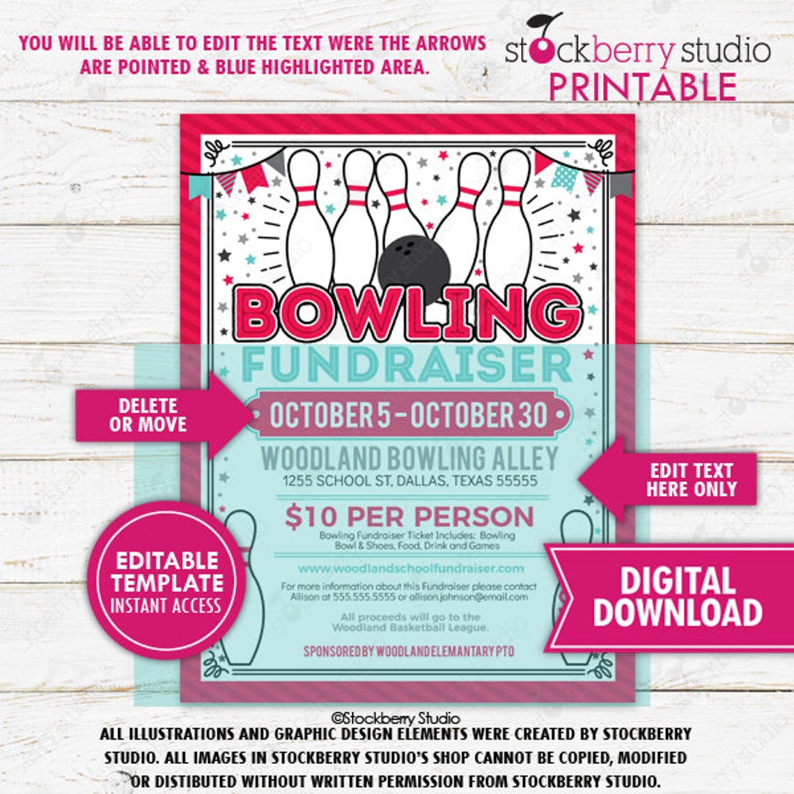 Bowling Fundraiser Flyer Printable School Party Invitation PTO PTA ...
