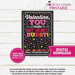 Valentine You Make My Heart Burst Valentine's Day Candy Card Printable ...