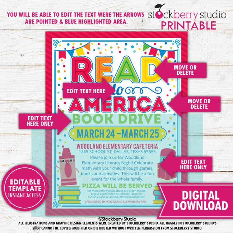 Read America Book Drive Flyer Printable Library School PTO PTA Literacy ...