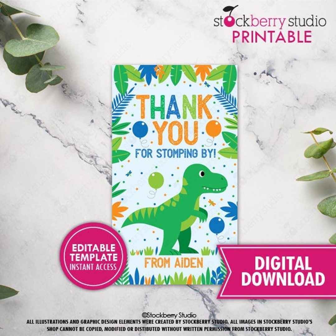 Dinosaur Birthday Favor Tag Printable Thank You for Stomping by Three ...