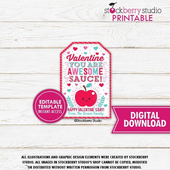 Valentine Applesauce Gift Tag You're Awesome Sauce Apple Fruit Kids ...
