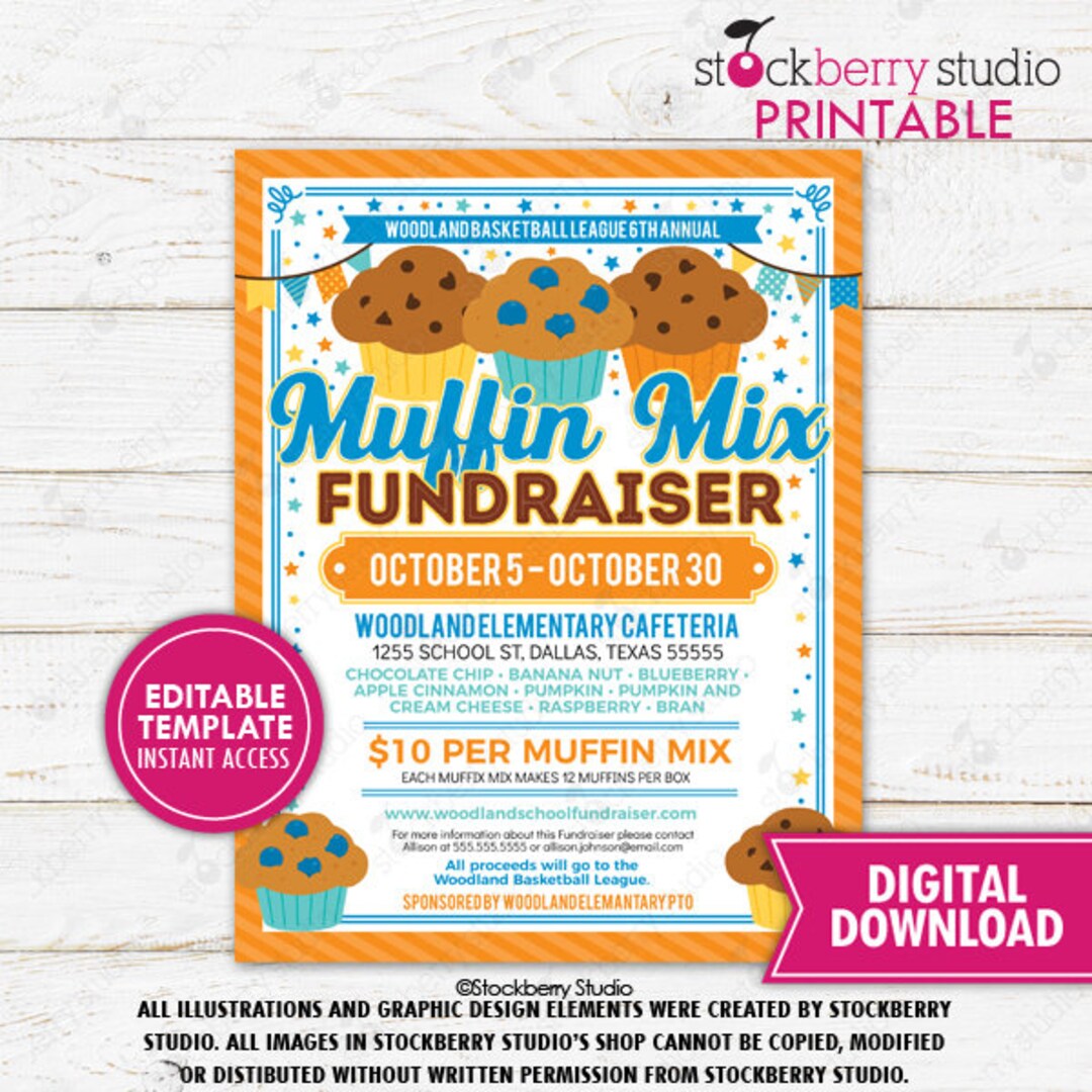 Muffin Mix Fundraiser Flyer Printable Baked Bakery Sales School PTO PTA ...