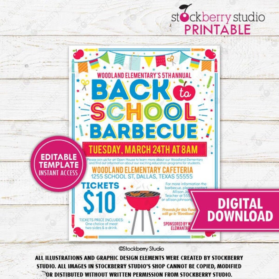 Back to School BBQ Flyer PTO PTA School Fundraiser Flyer First Day of ...