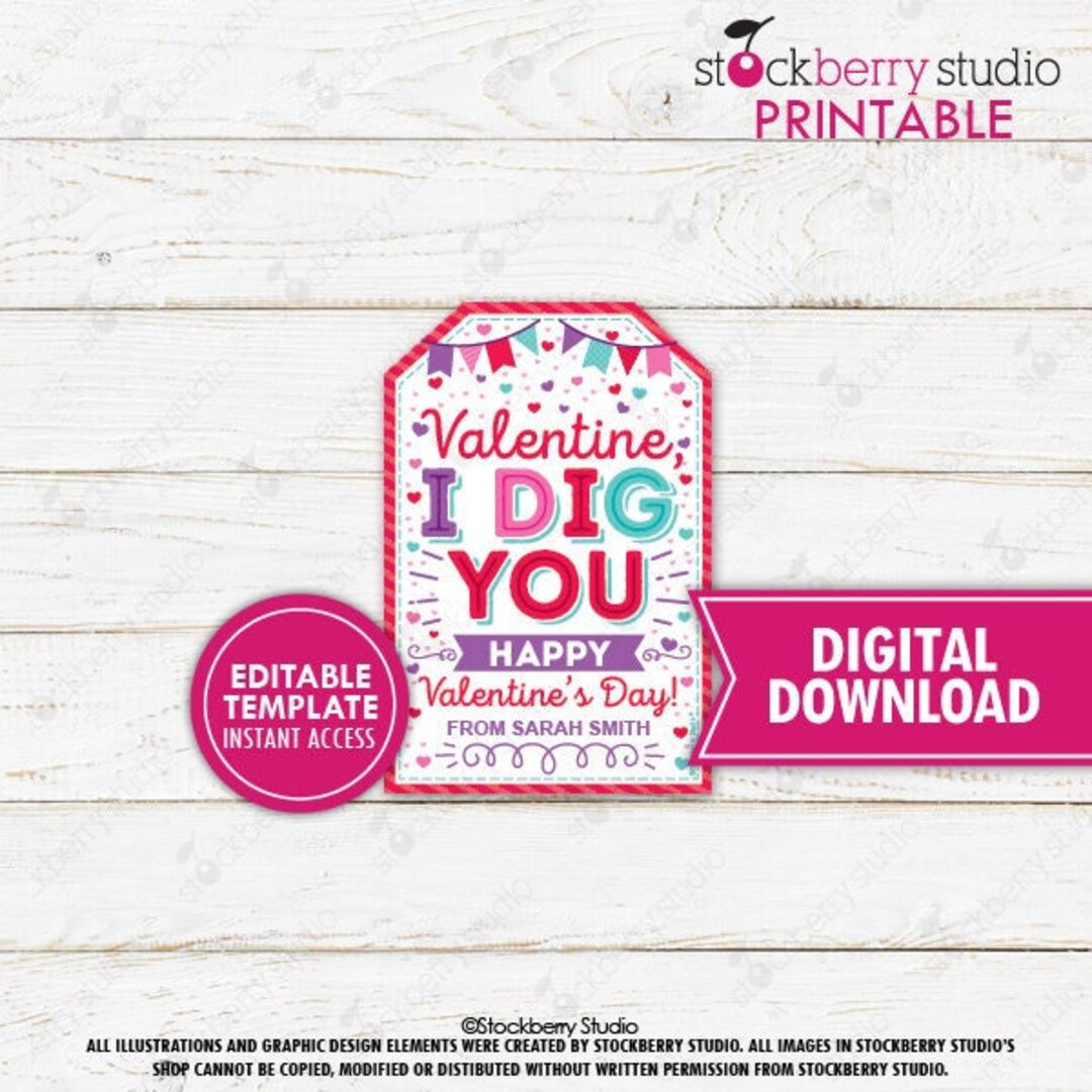 Valentine I Dig You Gift Tag Printable Shovel Preschool Valentine's Day ...