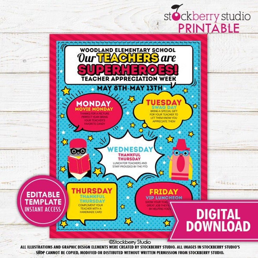 Superhero Teacher Appreciation Week Schedule Itinerary Flyer Printable ...