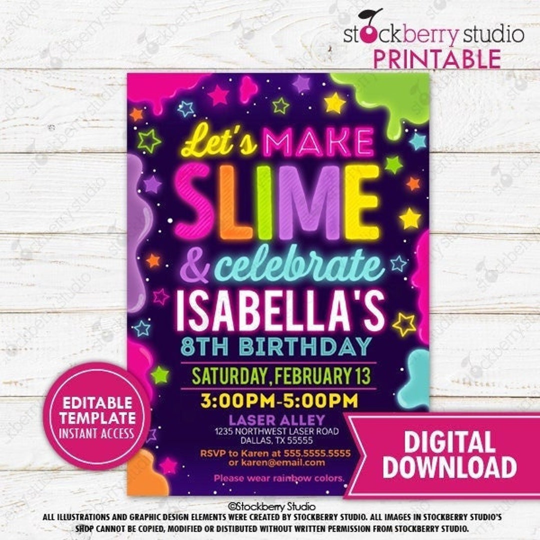 Slime Party Birthday Invitation Printable Girl Neon Glow Slime Birthday ...