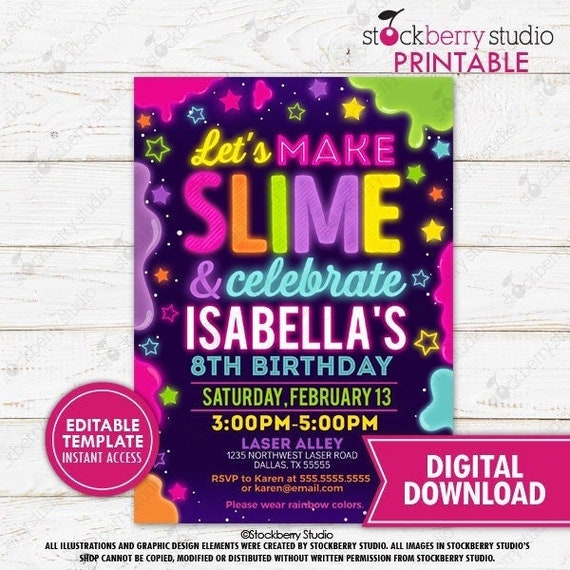 Slime Party Birthday Invitation Printable Girl Neon Glow Slime Birthday ...
