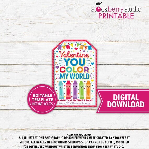 Valentine Crayons Gift Tag Printable You Color My World Valentine's Day ...
