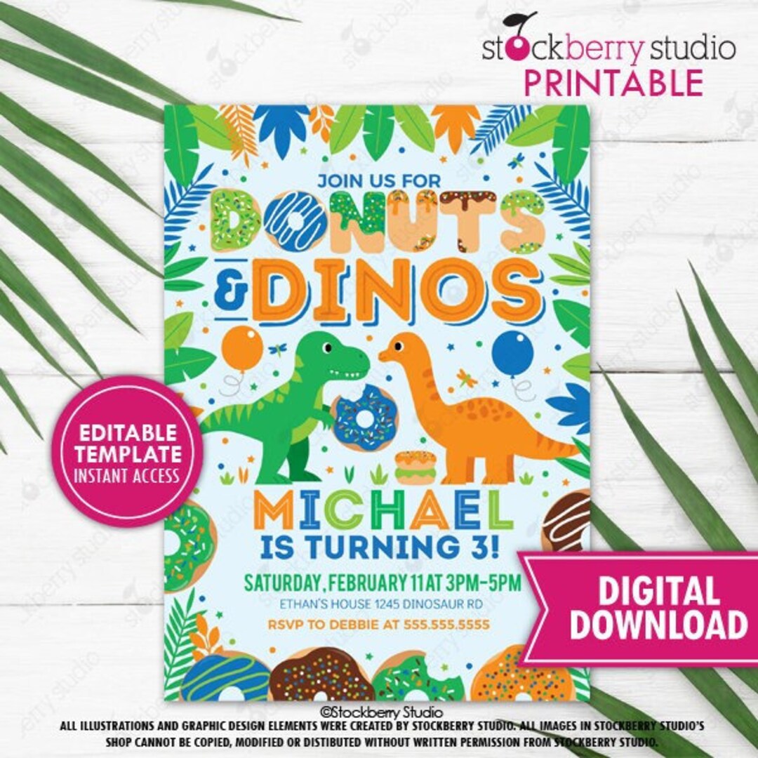Donuts and Dinos Birthday Invitation Printable T-rex Boy Dinosaurs and ...