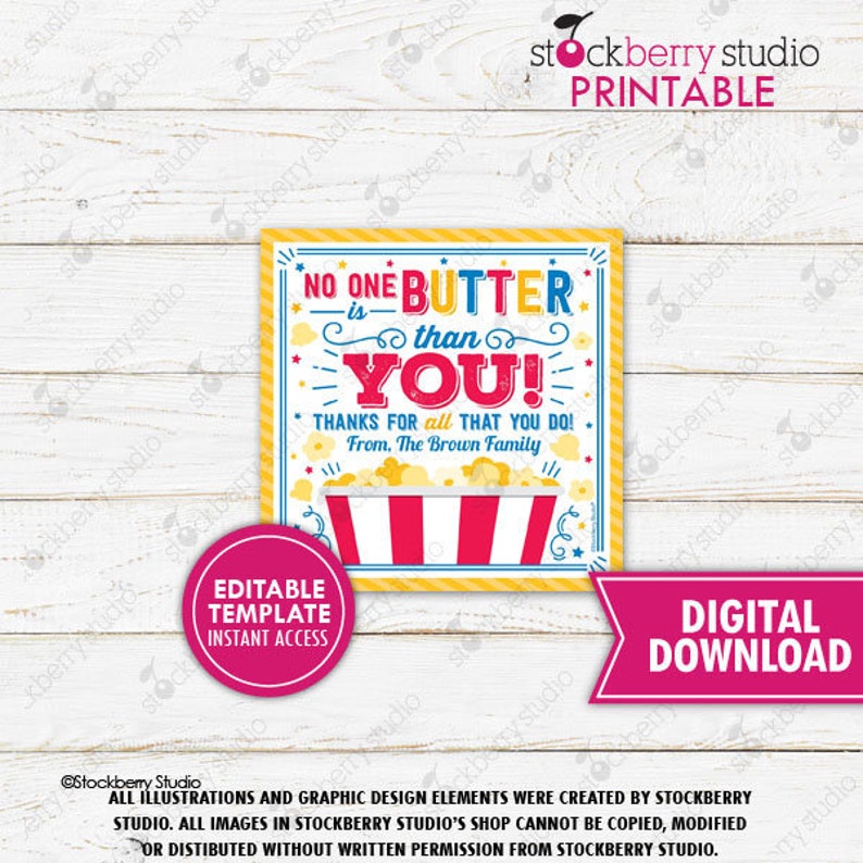 Popcorn Gift Tag Printable No One is Butter Popcorn Thank You - Etsy