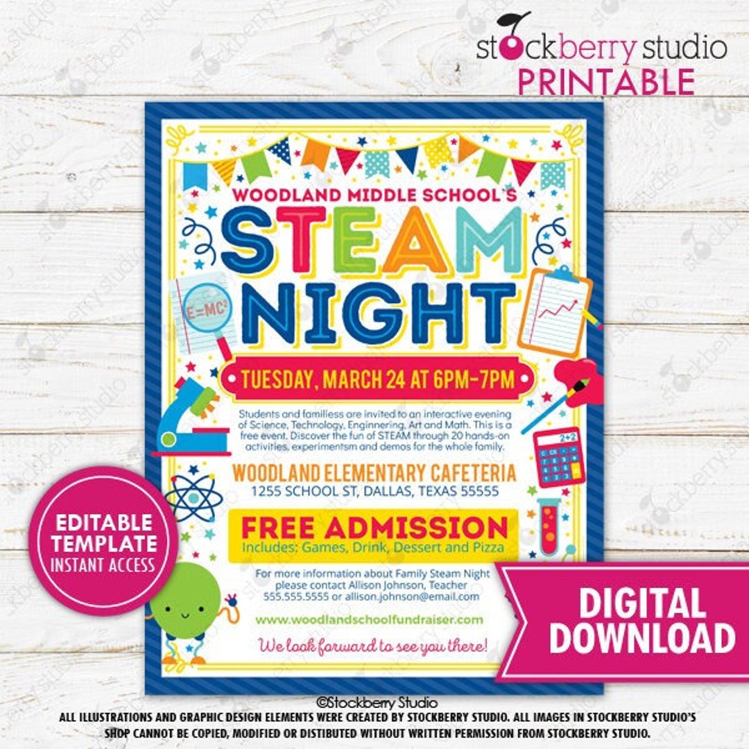 Family Steam Night Flyer Printable Tech Math Science Educational PTO ...